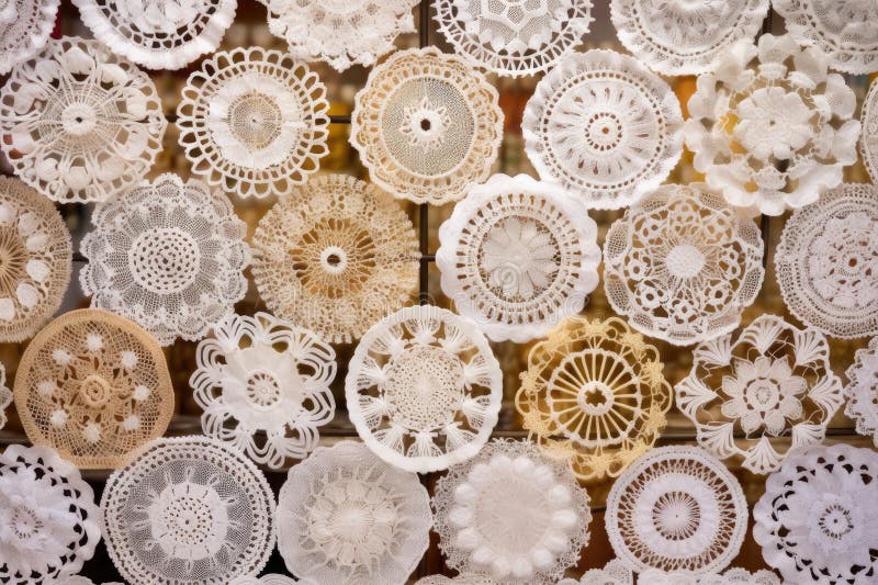 An Array of Delicate, Handmade Lace Doilies on Display Stock Image ...