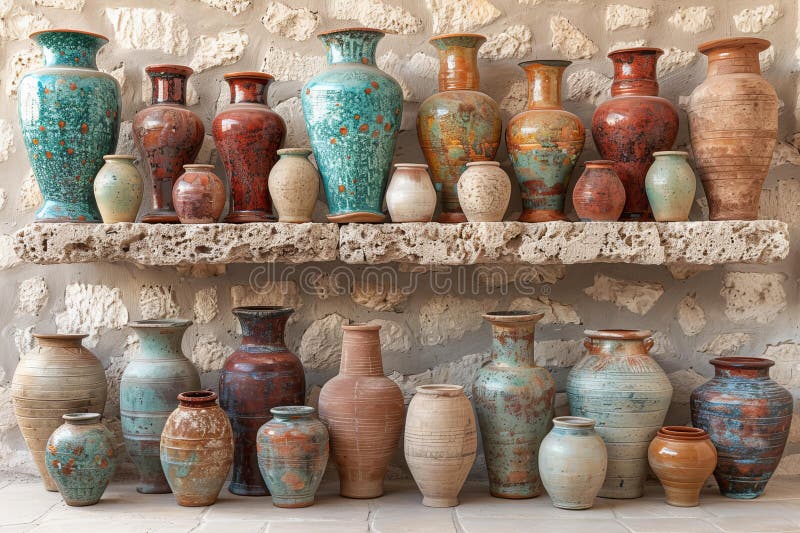 An Array of Different Sizes of Old Clay Vases on a Wall Stock ...