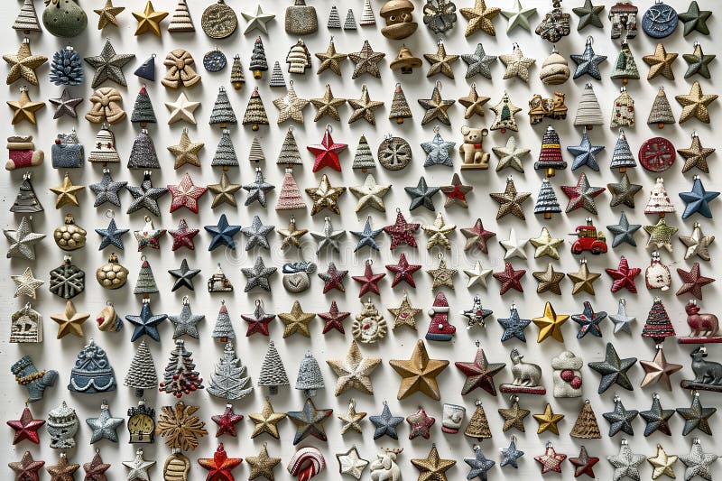 Array of Diverse Christmas Ornaments, Including Stars, Trees, Bells ...