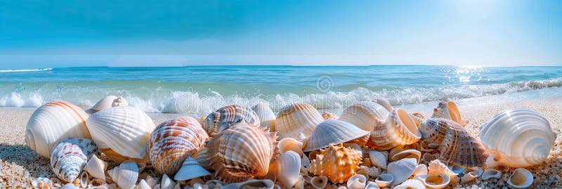 Array of Colorful Sea Shells Scattered on Sandy Beach by the Ocean ...