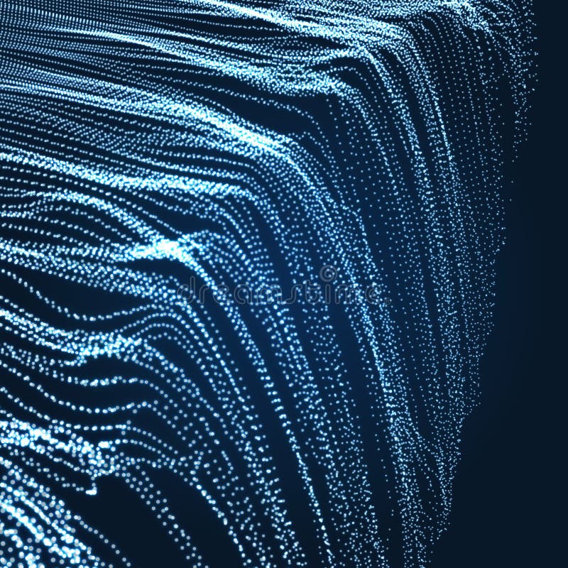 Array with Dynamic Emitted Particles. 3D Technology Style. a Glowing Grid. Abstract Background ...