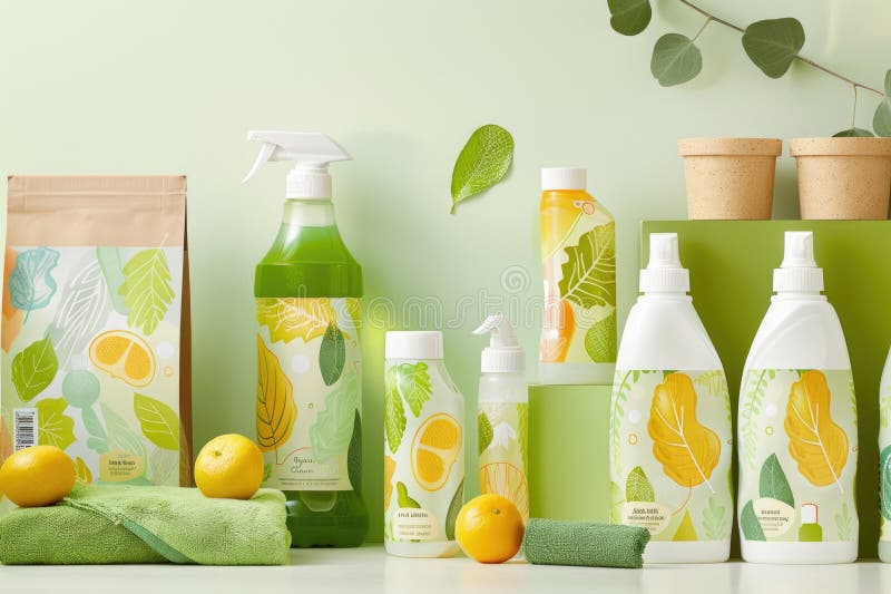 Array of Eco-Friendly Cleaning Supplies with Citrus Elements on Light ...