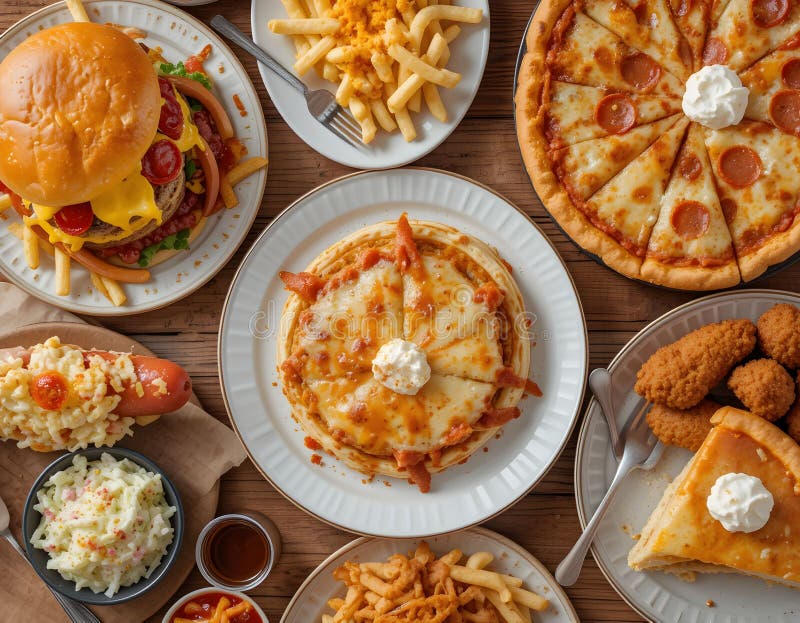 An Array of Fast Food Items is Displayed on a Wooden Table. Stock Image ...