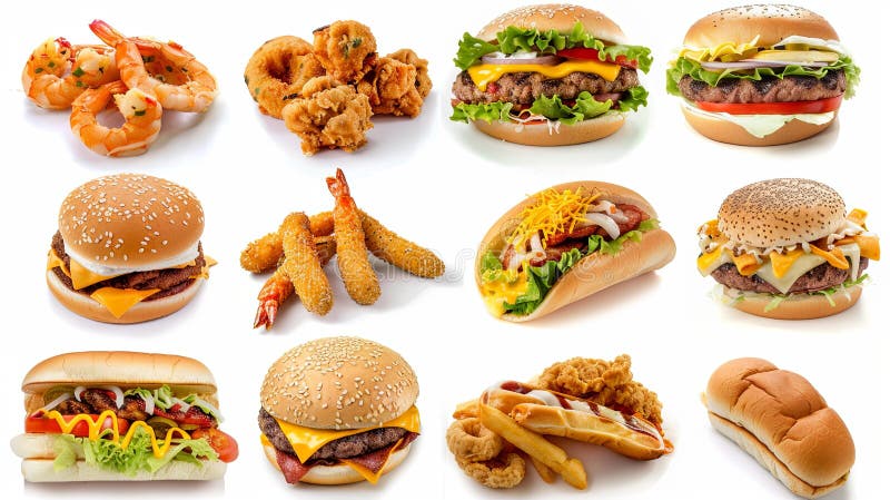 An Array of Fast Food Options Featuring Shrimp, Burgers, Hot Dogs, and ...