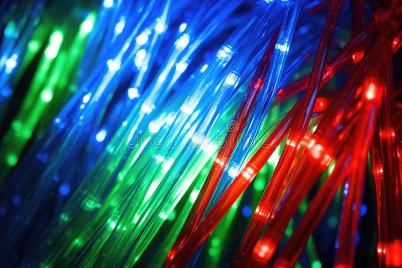 An Array of Fiber Optic Cables Glowing Green, Blue, and Red Stock ...
