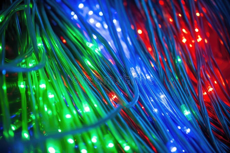 An Array of Fiber Optic Cables Glowing Green, Blue, and Red Stock ...
