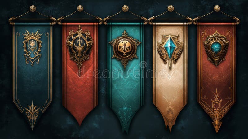 Array of Five Medieval Banners with Golden Emblems on Dark Background ...