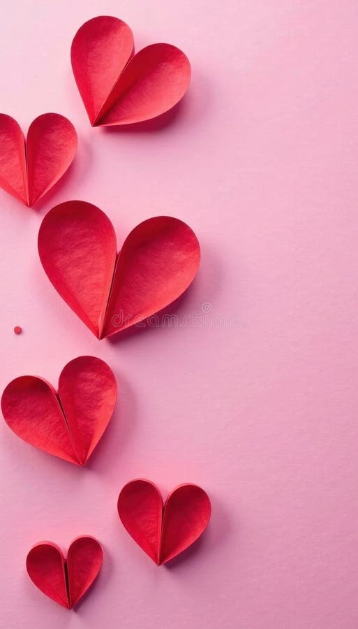 Array of Folded Paper Hearts on a Pink Surface, Top View, Valentines ...