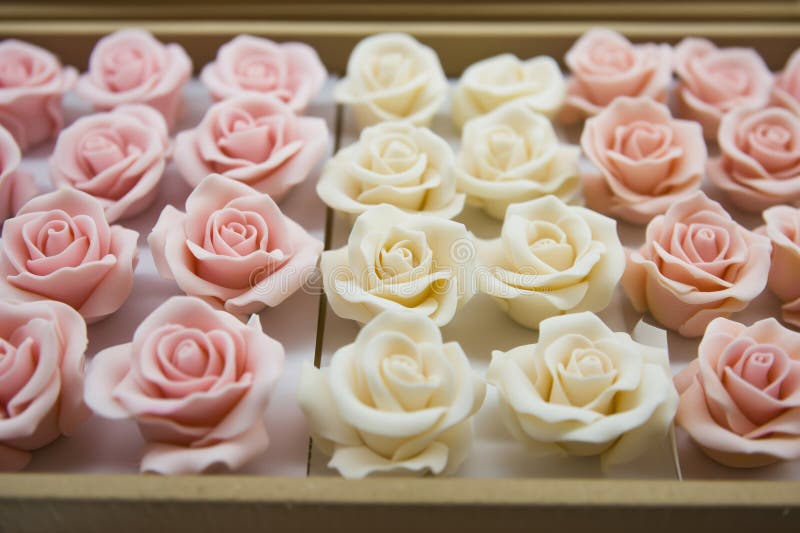 Array of Fondant Roses in a Box Stock Photo - Image of topping, flowers ...