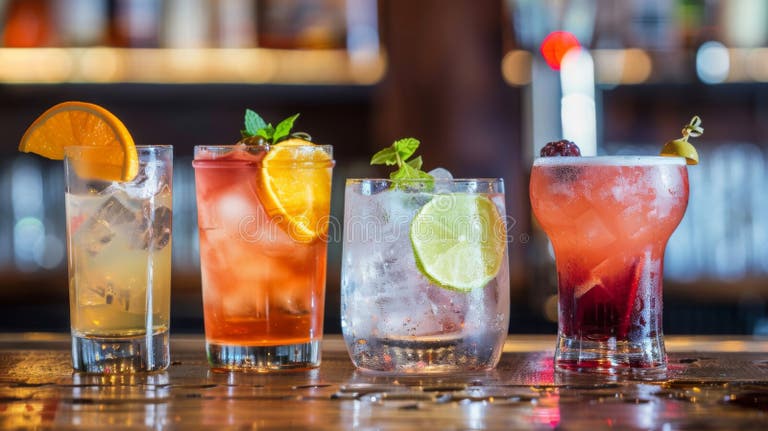 Array of Four Different Drinks on Bar Counter Stock Image - Image of ...