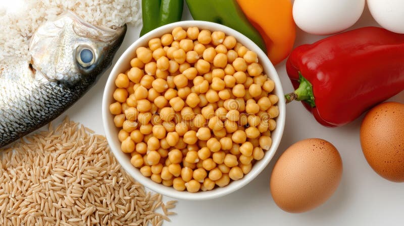 An Array of Fresh Fish and Eggs Positioned Alongside Grains Such As ...