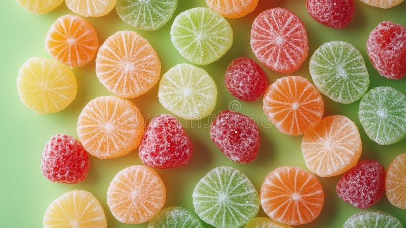 Colorful Assortment of Fruit-flavored Candies Scattered on a Vibrant ...