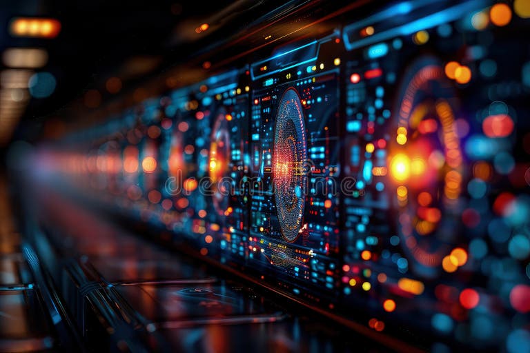 An Array of Futuristic Screens Displaying Holographic Data ...