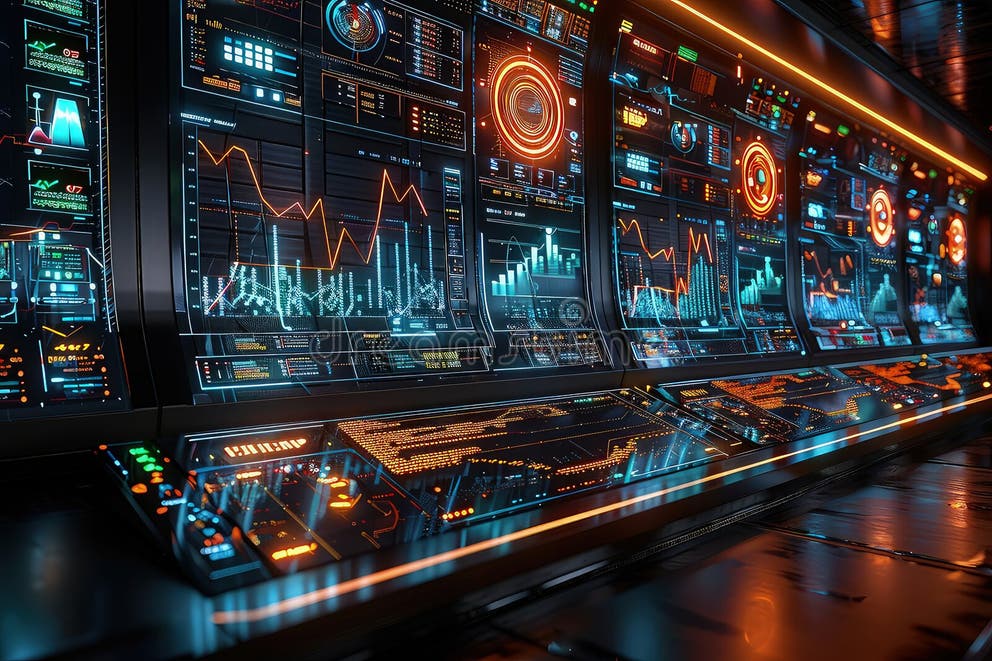 An Array of Futuristic Screens Displaying Holographic Data ...