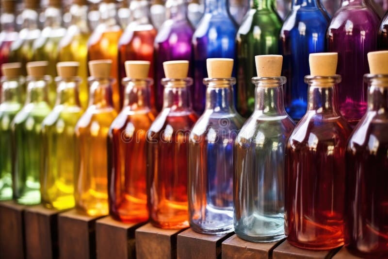 Array of Glass Bottles Containing Liqueurs of Different Color Shades ...