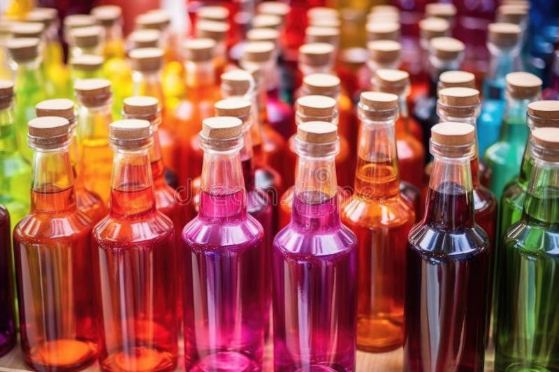Array of Glass Bottles Containing Liqueurs of Different Color Shades ...