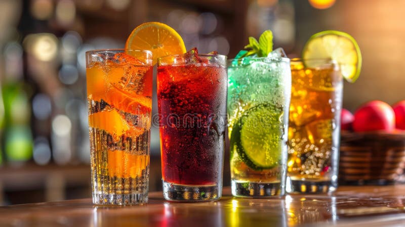 Array of Glasses Filled with Various Drinks Stock Image - Image of soda ...
