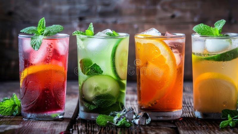 Array of Glasses Filled with Various Drinks Stock Photo - Image of ...