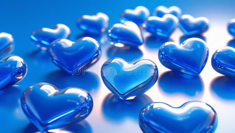 An Array of Glossy Blue Glass Hearts Laid Out Attractively Against a ...