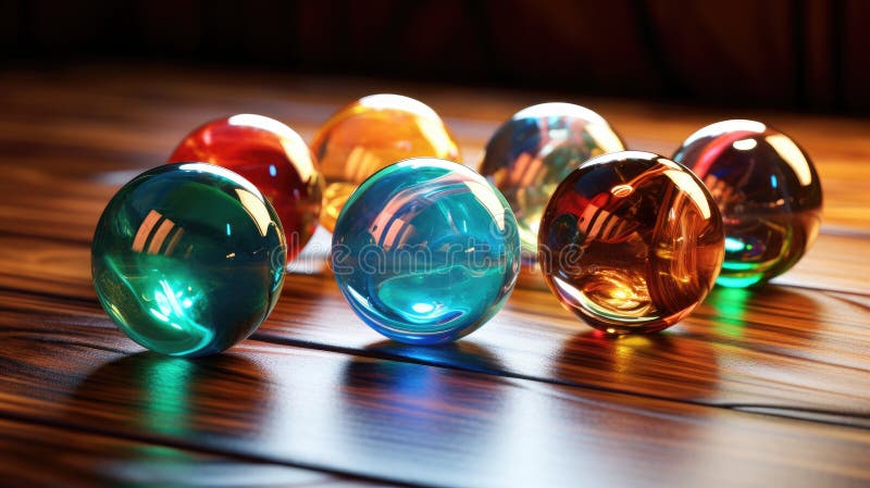 Array of Glossy Marbles Gleaming on a Smooth Wooden Surface, Reflecting ...