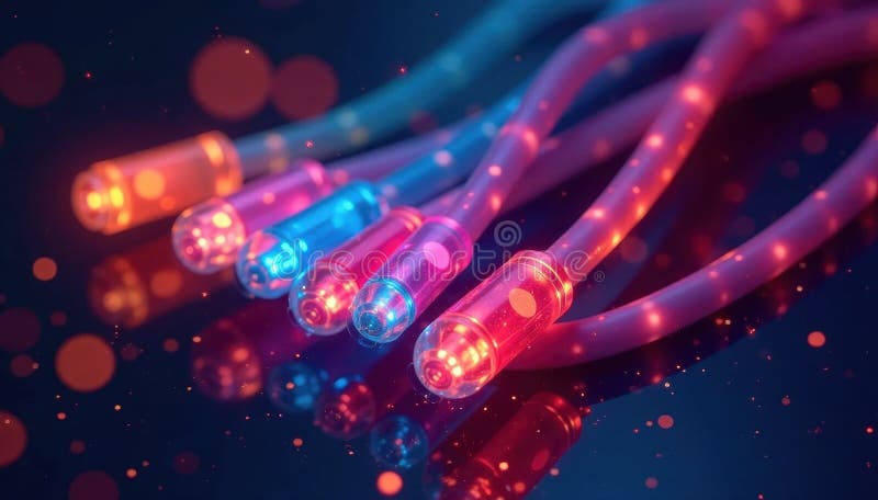 Array of Glowing Fiber Optic Cables, Diverse Hues , Detail, Wires ...