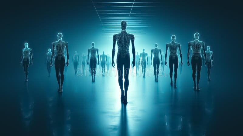 Array of Glowing Humanoid Figures in Blue-lit Tunnel, Representing ...