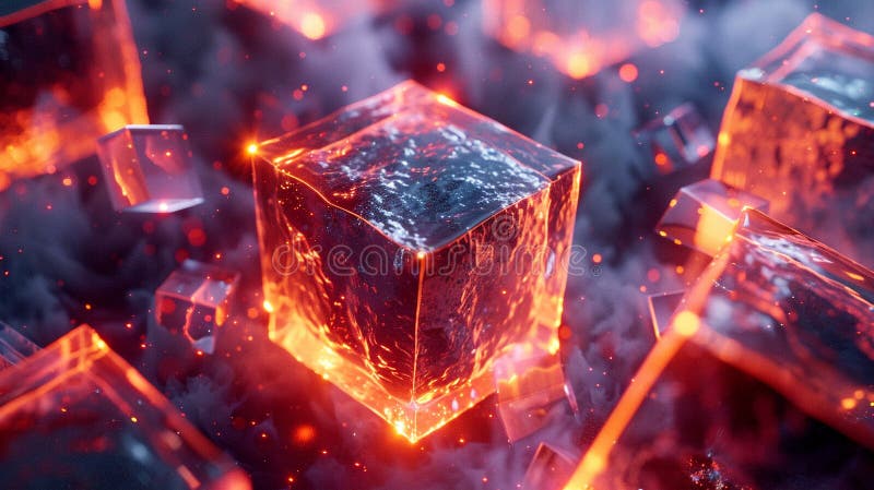 An Array of Glowing Lava-filled Cubes Surrounded by Glowing Embers at Night Stock Illustration ...