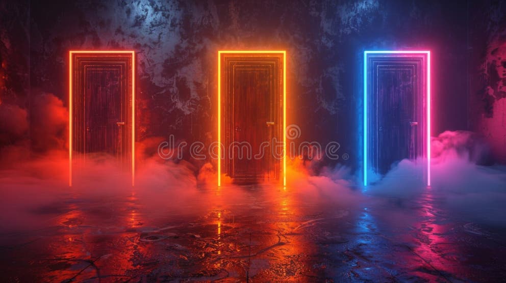 An Array of Glowing Neoncolored Doors Suspended in a Dark Void ...