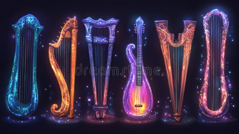Array of Glowing Pixel Art Harps with Vibrant Colors Against a Dark ...