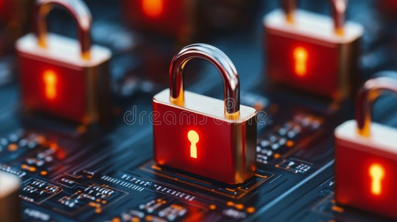 Array of Glowing Red Padlocks on a Circuit Board, Representing Encrypted Data Storage, Network ...