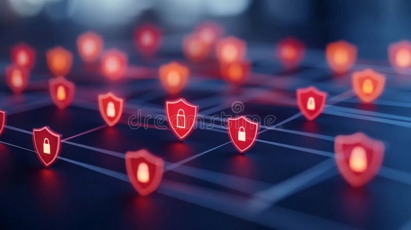 Array of Glowing Red Shield Icons Interconnected on a Digital Black ...