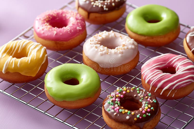 Array of Gourmet Donuts with Colorful Glazes Displayed on Wire Rack in ...