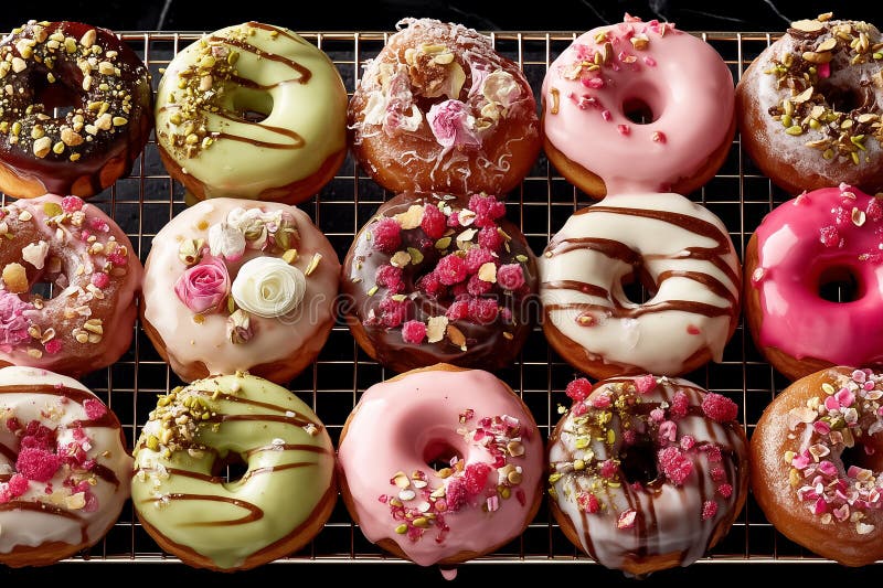 Array of Gourmet Donuts with Colorful Glazes Displayed on Wire Rack ...
