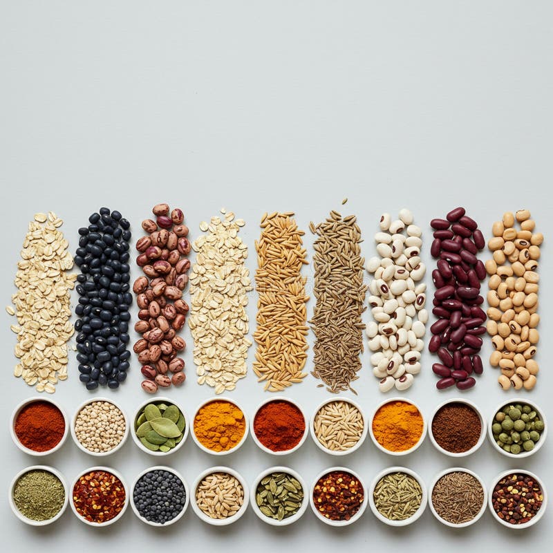 An Array of Grains, Beans, and Spices Organized in Neat Rows. the Top ...