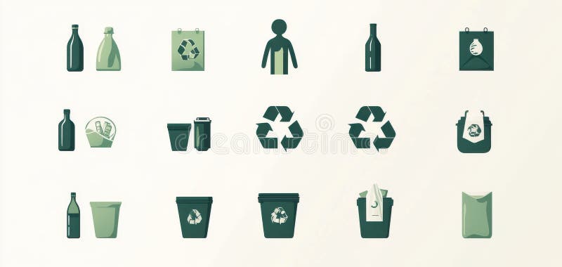 Array of Green Recycling Icons with Bottles, Containers and Recycling ...