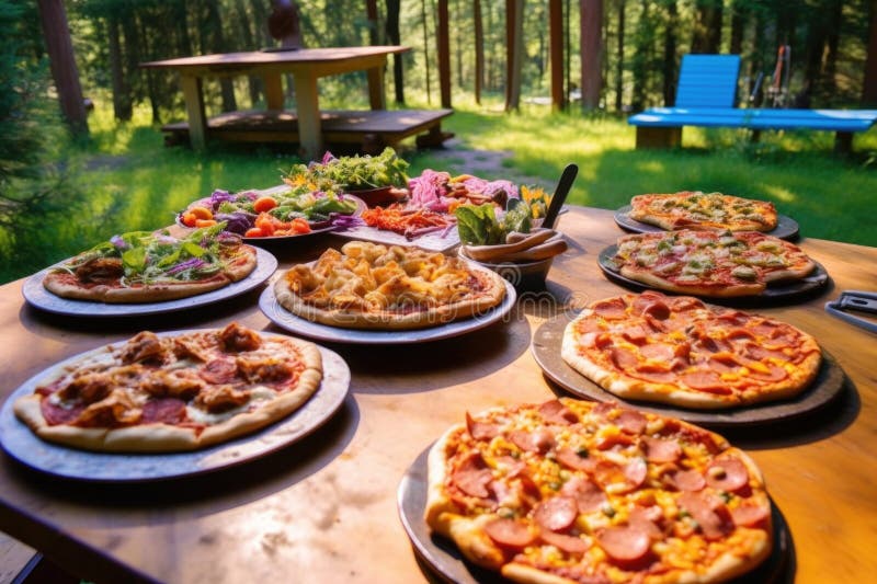 Array of Grilled Pizzas on Backyard Picnic Table Stock Illustration ...