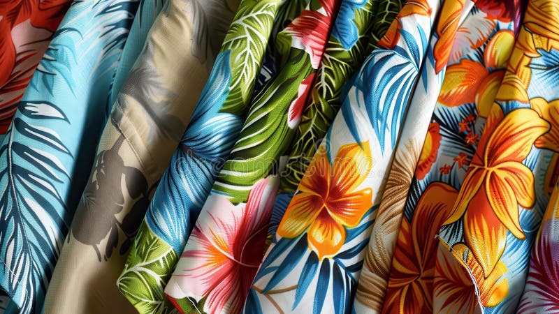 Array of Hawaiian-style Shirts with Eye-catching Floral Patterns Stock ...
