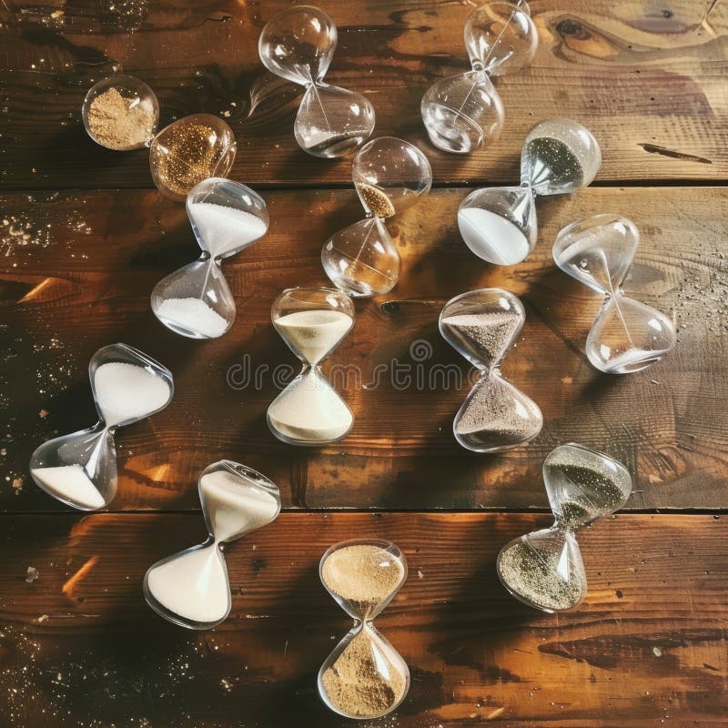 Array of Hourglasses on Wooden Table Stock Image - Image of diversity ...