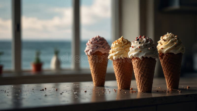 An Array of Ice Cream Cones Perched on a Kitchen Surface Near a Window ...