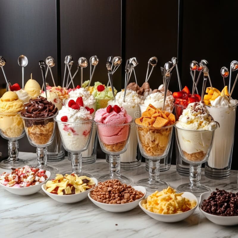 An Array of Ice Cream Sundaes with Toppings in Glass Bowls Stock ...