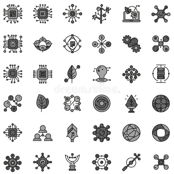 Array of 36 Icons with Themes of Technology, Biology, and Innovation ...