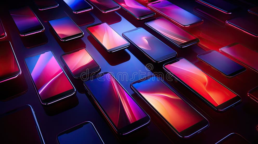 Array of Illuminated Smartphones with Colorful Display Patterns ...