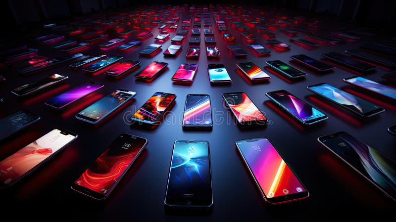 Array of Illuminated Smartphones with Colorful Display Patterns ...