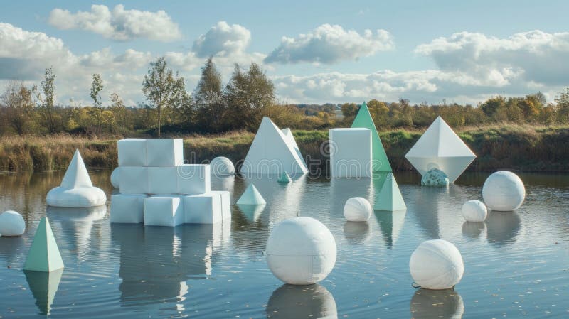 An Array of Inflatable Geometric Shapes Including Cubes Spheres and ...