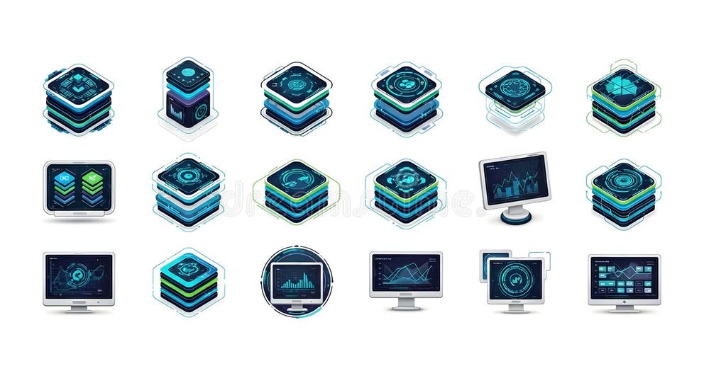 Isometric Data Stacks and Monitor Displays with Digital Interfaces, Ai ...