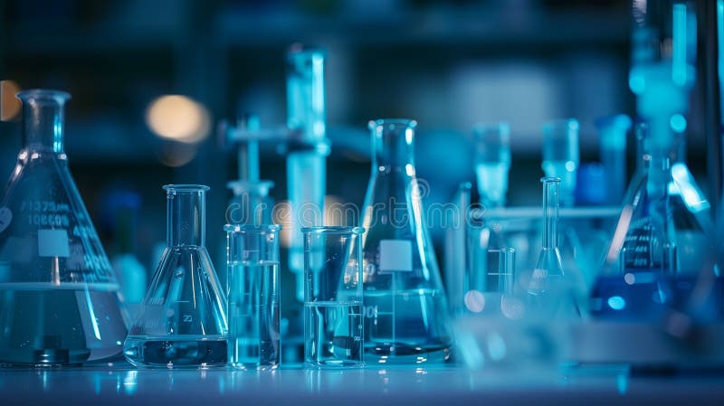 Laboratory Glassware on a Workbench in a Blue-Tinted Scientific ...