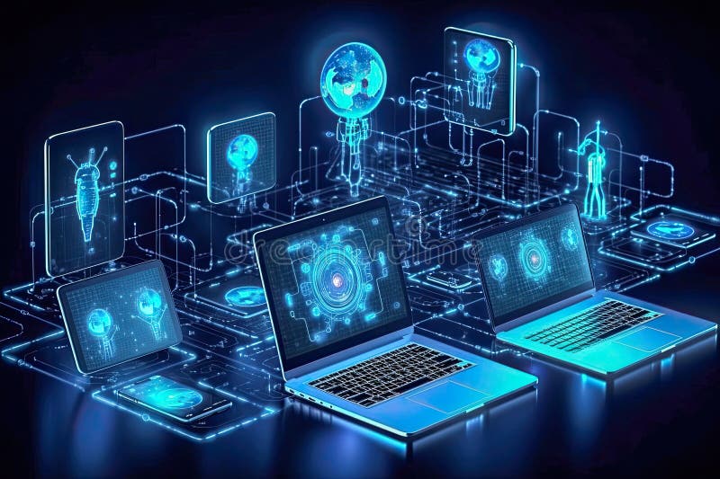 Array of Laptops on Dark Background. Generative AI Stock Illustration ...