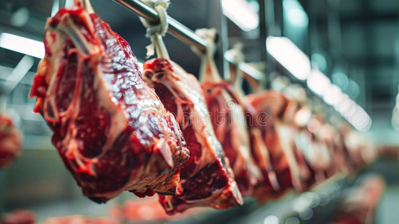 Array of Meat Hanging from Hooks in Meat Processing Plant Stock ...
