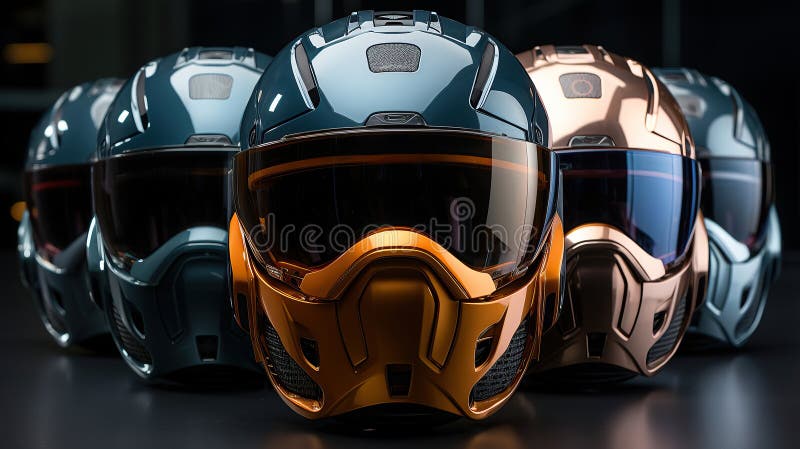 Array of Modern Colorful Helmets on a Dark Backdrop Stock Photo - Image ...