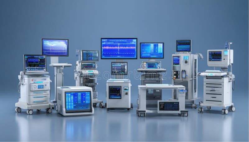 Array of Modern Medical Equipment Featuring Display Screens and Wheeled ...